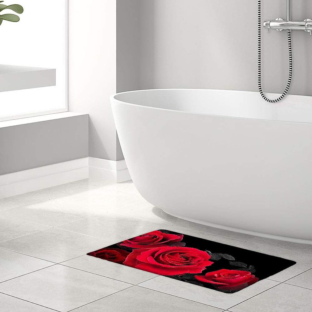 LIVILAN Black Bath Mat, Flower Bathroom Rugs, Red Bath Rugs, 24''X16'', Super Soft and Absorbent Shaggy Plush Red Rose Bath Rugs, Memory Foam Non-Slip.
