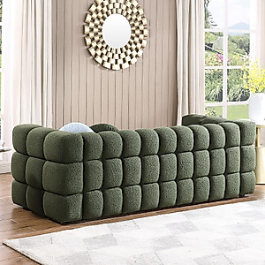 Wrofly Boucle Sofa Couch, 84.3" Comfy Upholstered Sherpa Deep Seat Cloud Couch, Cozy Modern Tufted 3 Seater Couch with 2 Pillows for Living Room Apartment Office, Olive Green