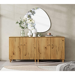 WAMPAT Wide Dresser Chest with Doors for Bedroom, 2-in-1 Rustic Oak Brown Wood Closet Storage Organizer with 6 Compartments for Kids Room, Nursery, 70.8x15.3x32.4