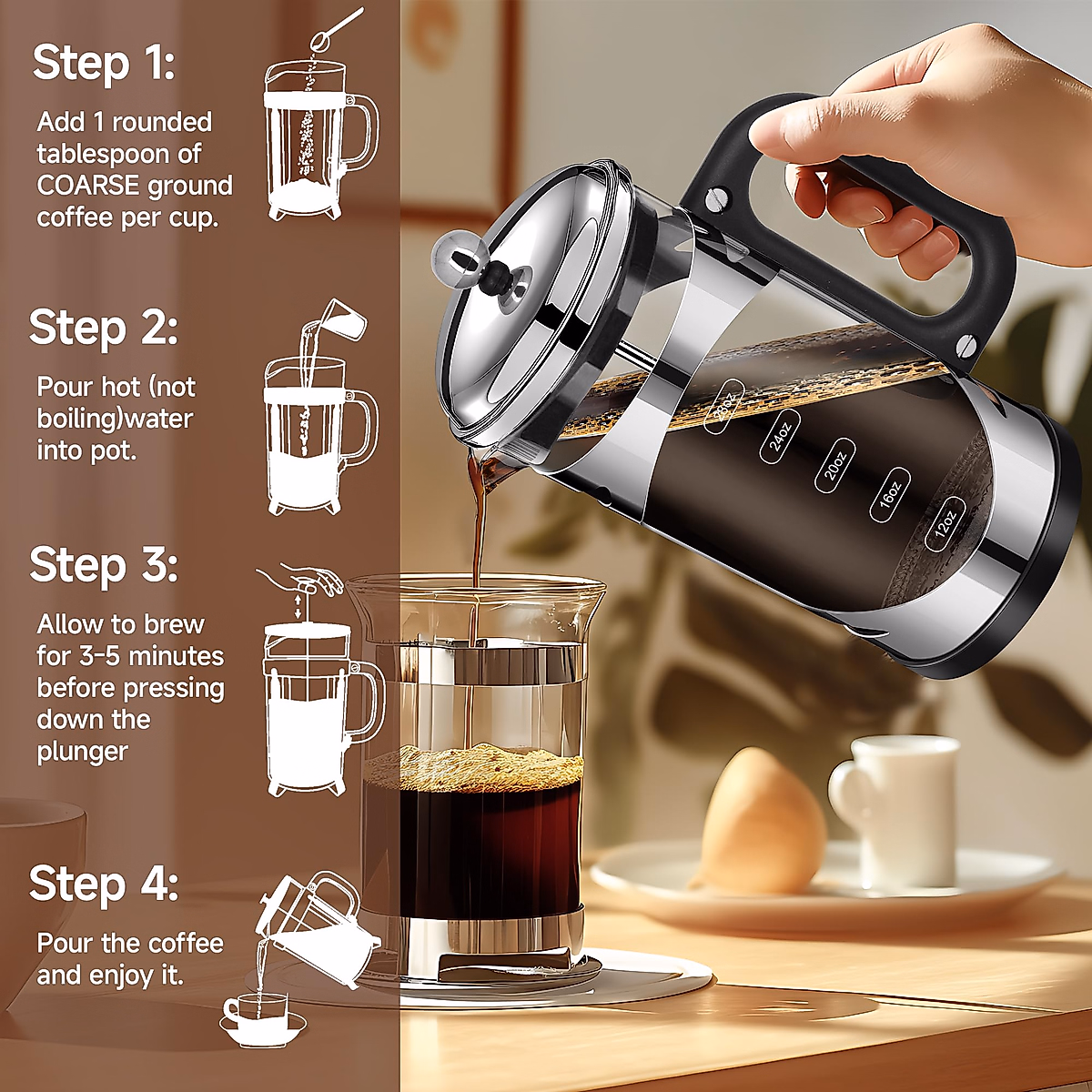 YMMIND 34 Ounce French Press Coffee Maker Chromium Stainless Steel Coffee Press, with 4-Level Filter System, Heat Resistant Thickness Borosilicate Glass, BPA-Free Brewed Coffee Pot for Camping Gifts