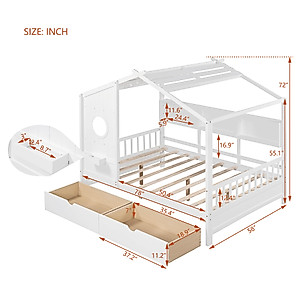 Full Size House Bed with Storage Drawers and Shelves, Wood Montessori House Bed Frame, Kids Playhouse Tent Bed for Girls Boys, White