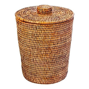 Kouboo La Jolla Rattan Round Waste Basket with Lid & Plastic Insert, 2 Gallon Woven Wastebasket & Home Decor, Honey Brown & 1030055 La Jolla Rattan Square Tissue Box Cover, 5.5" x 5.5" x 5.75"