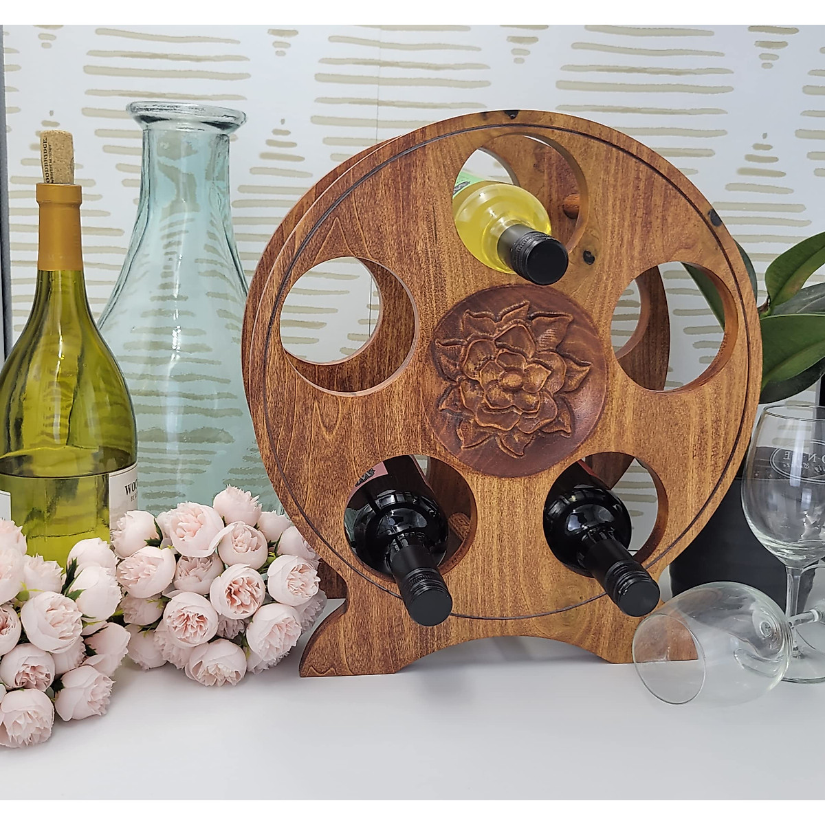 Apparatus Wood Design Wine Rack countertop Wooden 5 Bottle Holder Display Stand Shelf Storage Cabinet Home Decor Wine Gift no Need Assembly (Traditional Cherry)