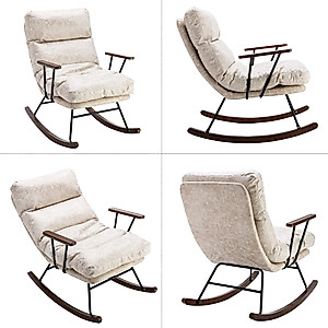 HNY Modern Rocking Chair Nursery with Wood Arms, PU Leather Overstuffed Upholstered Glider Rocker Chair with Adjustable Backrest, 22" Wide Armchair for Living Room/Bedroom/Small Space, Cream