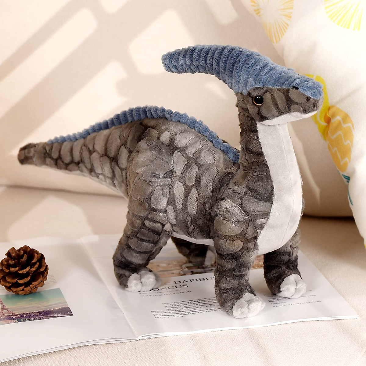Dinosaur Plush Toy, 16" Parasaurolophus Stuffed Animal Throw Plushie Pillow Doll, Soft Grey Fluffy Friend Hugging Cushion - Present for Every Age & Occasion