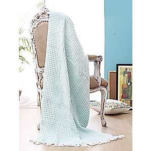 Farmhouse Throws Blanket in Two Tone Honeycomb,Picnic,Camping, Beach,Throws for Couch,Everyday Use, Cotton Throw Blanket with Super Soft and Excellent Handfeel 50 x 60 -Aqua White