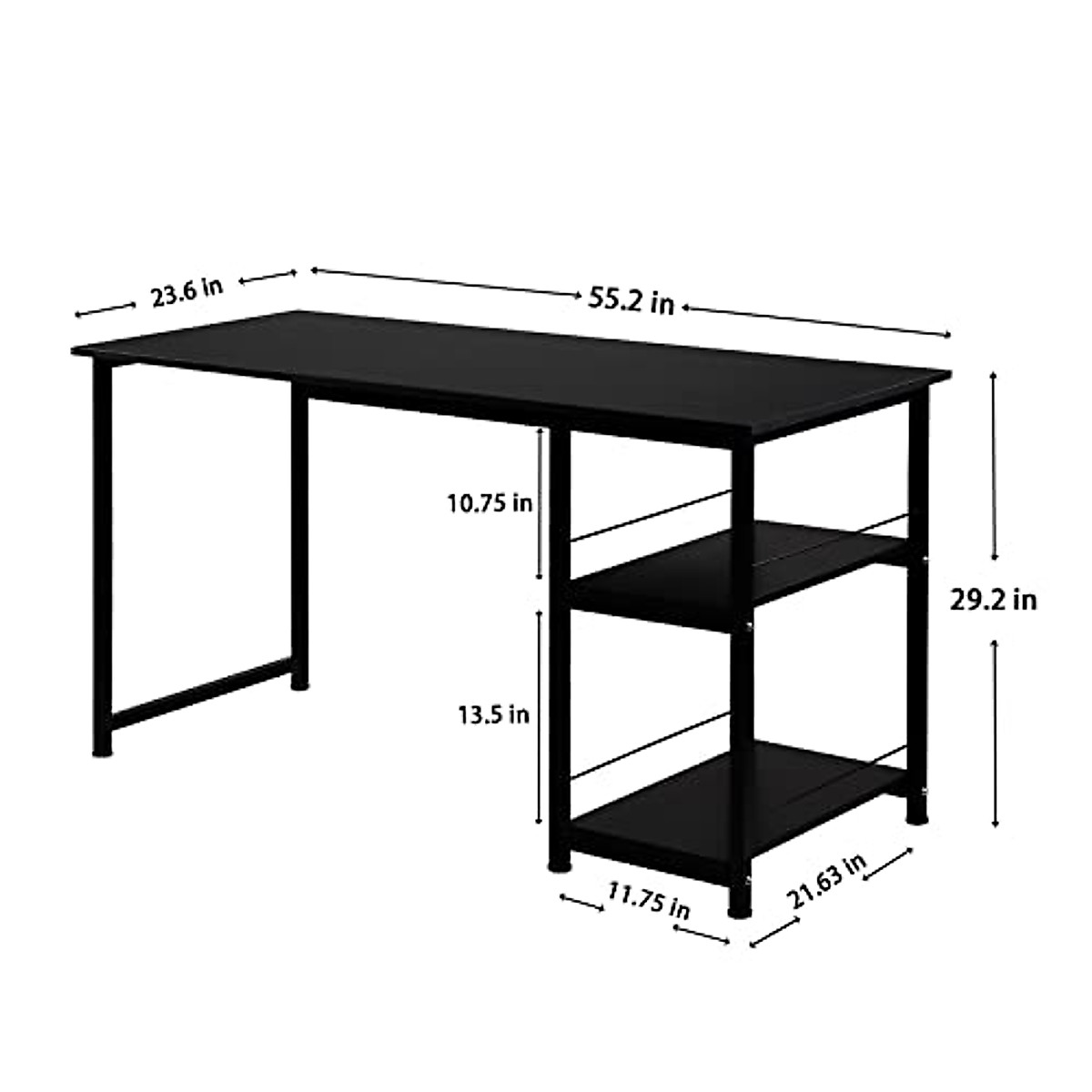 MASAKA B&W Office Home Desk with 2 Shelf for Writing Room, Large Operating Surface 55.2" Computer Desk with Sturdy Wooden Storage Shelf, Bookshelf Study Desk, Home Office Table for Living Room
