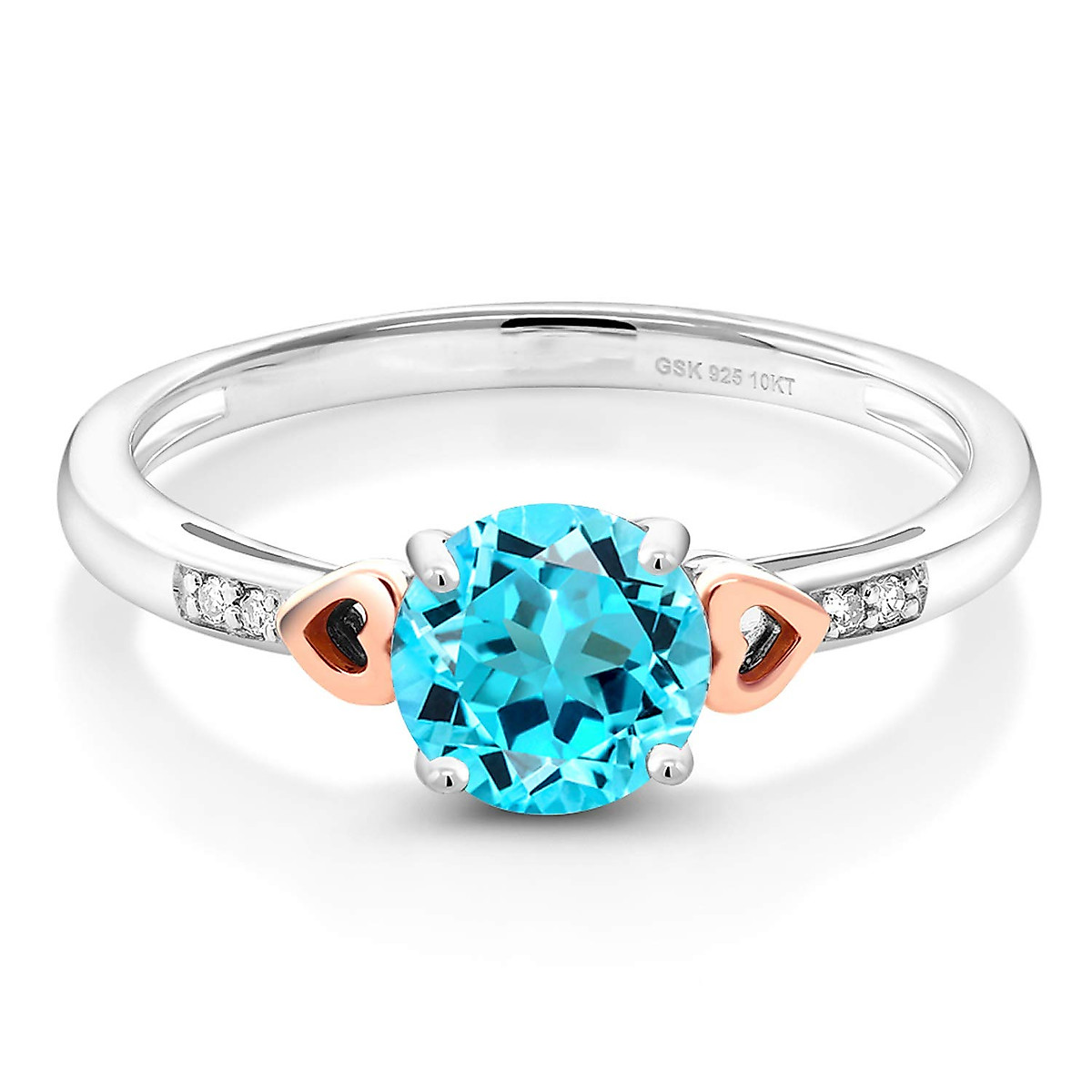 Gem Stone King 925 Silver and 10K Rose Gold Swiss Blue Topaz and White Diamond Engagement Ring For Women (1.68 Cttw, Round 7MM, Gemstone Birthstone, Available In Size 5, 6, 7, 8, 9)