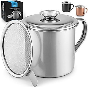 Zulay Kitchen Bacon Grease Container With Strainer - 1L Stainless Steel Cooking Oil Container With Lid & Handle - Large Ghee Container or Bacon Fat Container Perfect For Storing Fats & Frying Oils