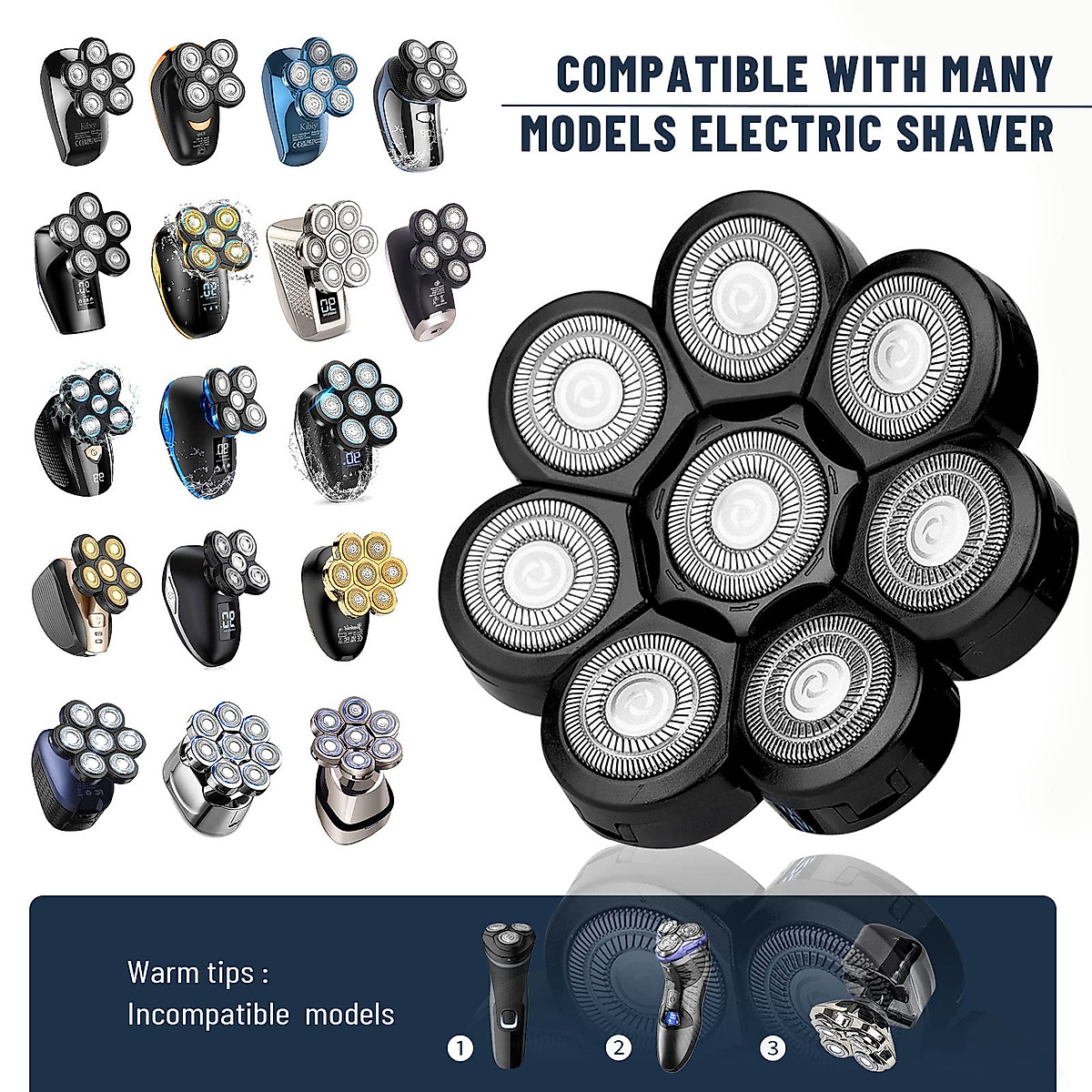 Bsotena 8D Upgrade 8 Heads Electric Shaver Bald Head Shaver Replacement Blades, 8 Heads Beard Cutter Replacement Blade Easy Install Electric Razor Shaver Head for Bald and Face Dt-002