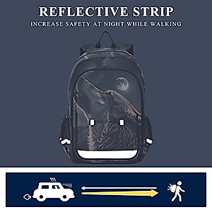 Vnurnrn Wolf Roaring Kids Backpack Big Storage Multiple Pockets 17.7 IN Bookbag with Chest Buckle Reflective Strip for Boys Girls 6+ years in Primary Middle High School