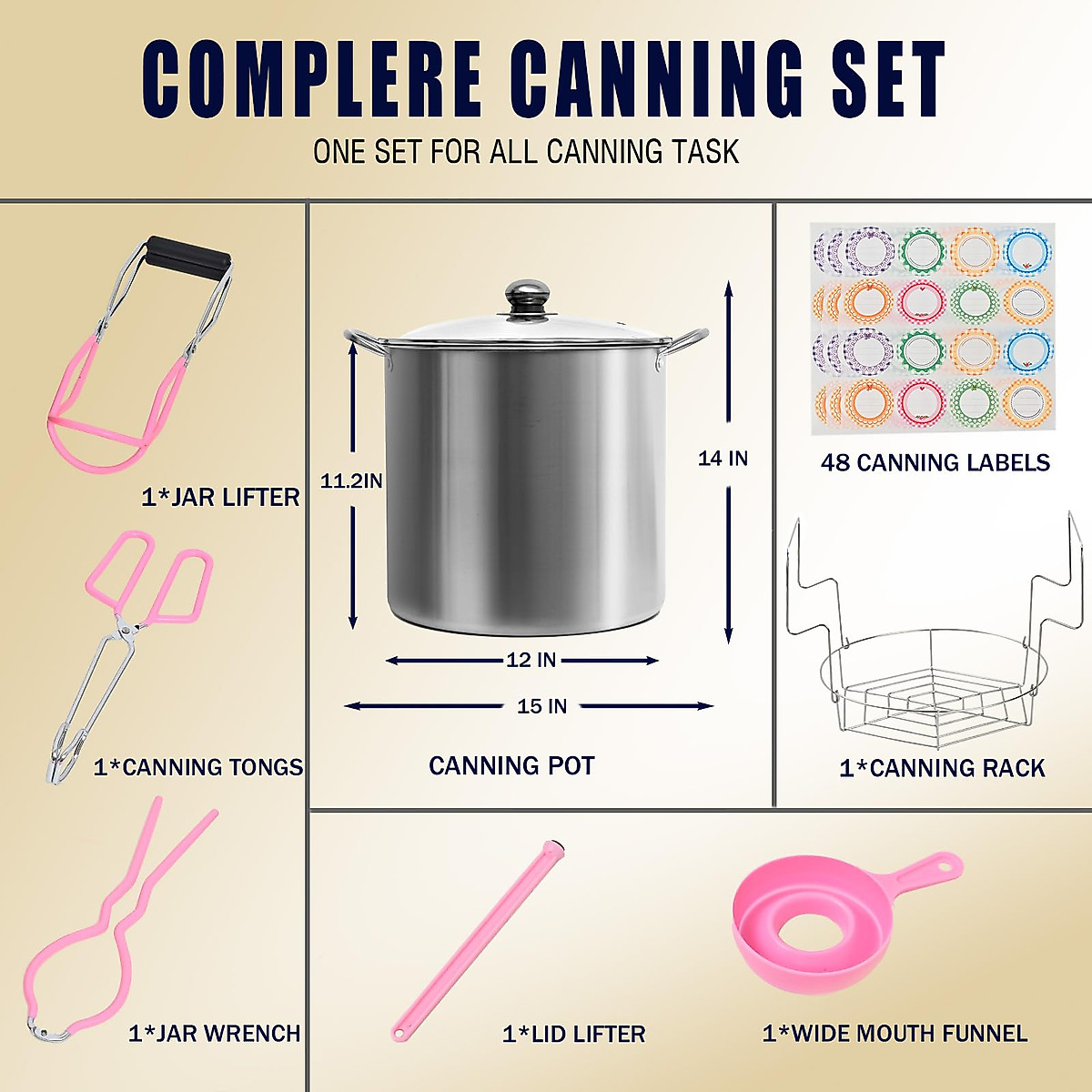 Canning Pot Water Bath Canner with Rack and Lid, 21.5 Quart Stainless Steel Stock Pots, Canning Supplies Starter Kit, Jar Lifter Tongs, Funnels and Full Canning Accessories Tools Set, Pink