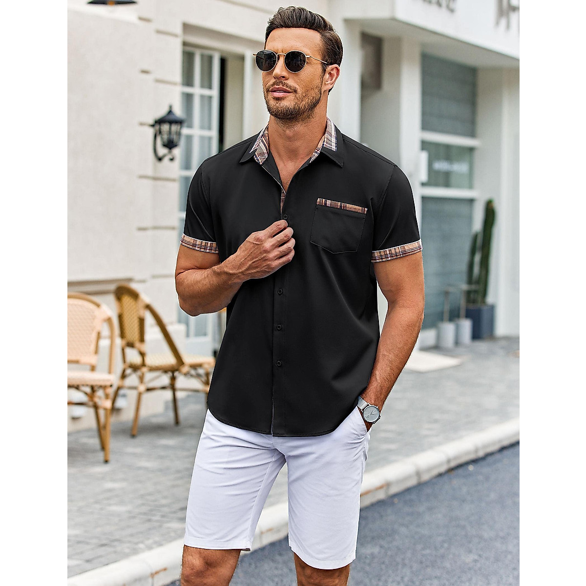 COOFANDY Men's Button Up Shirts Short Sleeve Business Casual Dress Shirts for Men Black