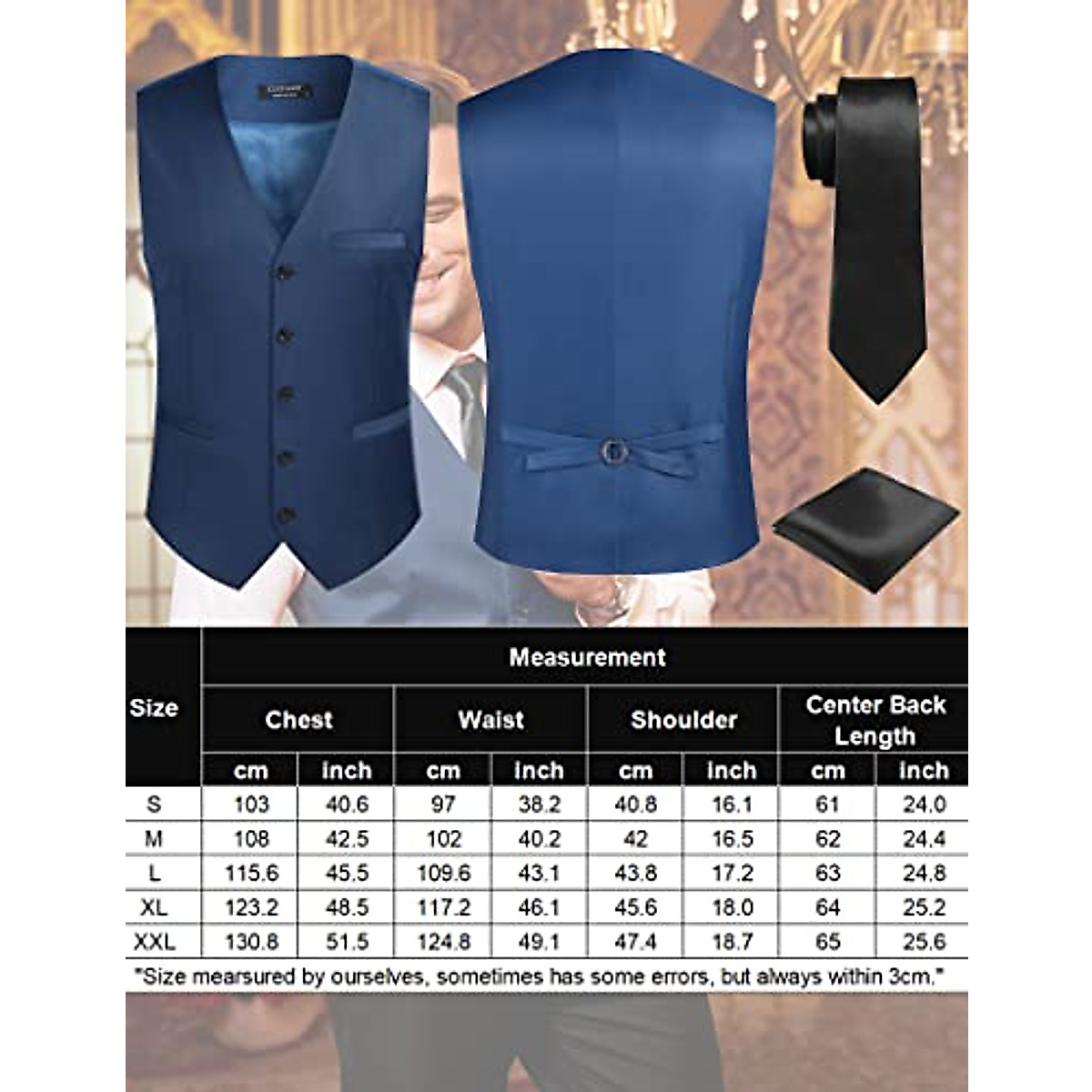 COOFANDY Mens 3 Piece Vest Set Casual Business Waistcoat Suit with Tie Hankie