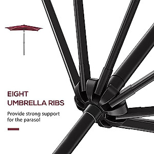 Outsunny 9' x 7' Patio Umbrella Outdoor Table Market Umbrella with Crank, Solar LED Lights, 45° Tilt, Push-Button Operation, for Deck, Backyard, Pool and Lawn, Wine Red
