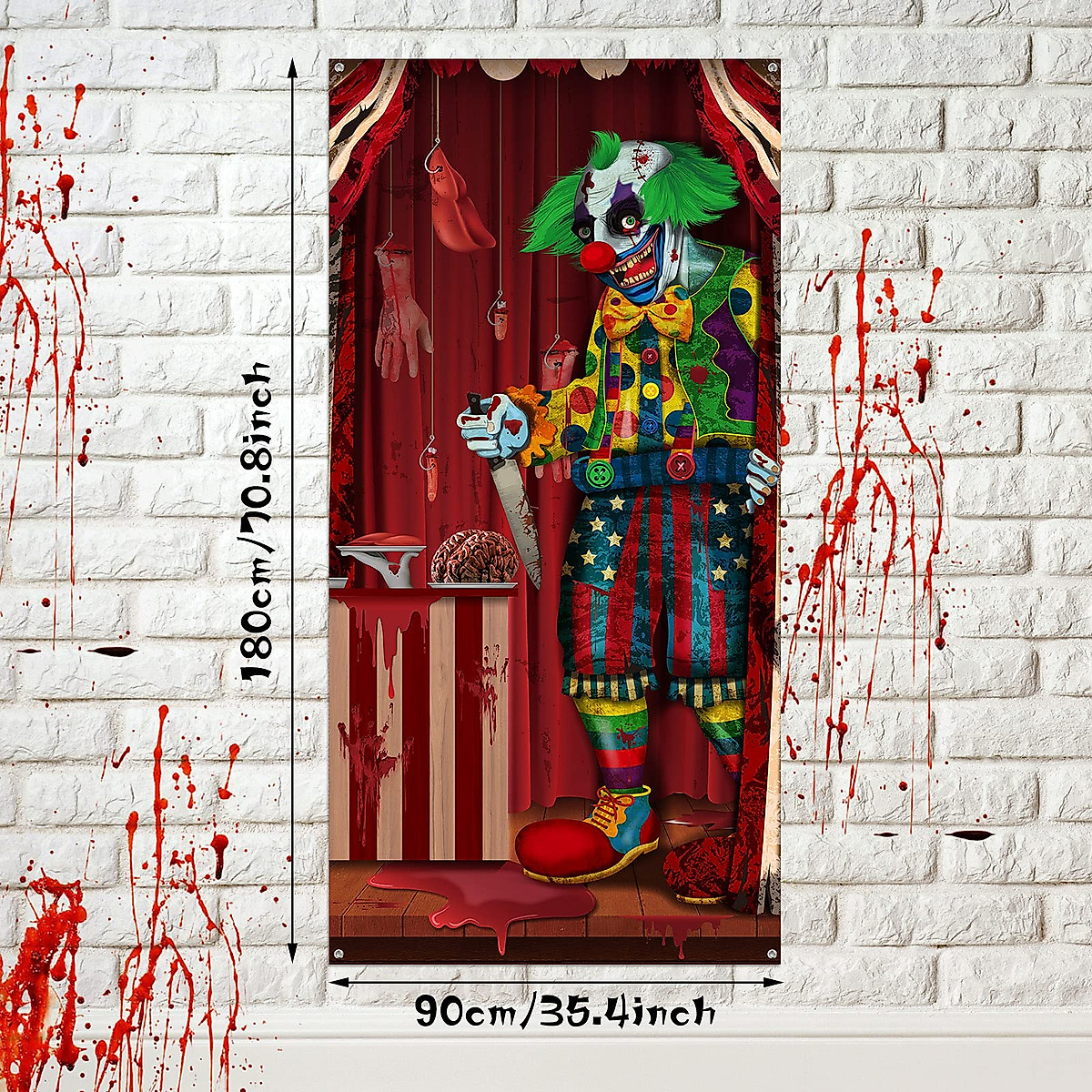 Halloween Decorations Large Evil Clown Door Cover Fabric Halloween Door Banner Backdrop Background Clown Theme Front Door Cover for Halloween Party Haunted House Photo Props Supplies, 70.9 x 35.4 Inch