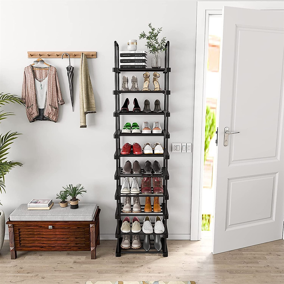 ZILJJ Metal Shoe Rack 10 Tiers Tall Narrow Shoe Rack for Closet Entryway, Space Saving Shoe Shelf Organzier Storage for 20-24 Pairs, Sturdy Stackable Shoe Rack with Hooks