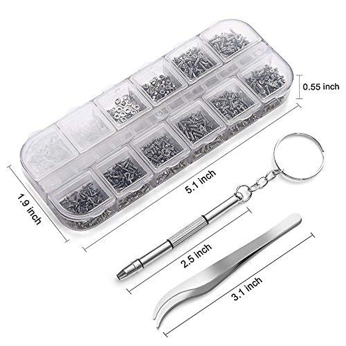 Eyeglasses Repair Kit, 1100Pcs Tiny Screws and 5 Pairs Nose Pads Stainless Steel Set with Micro Screwdriver Tweezer for Glasses, Sunglasses, Watch Repair