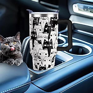 Mindunm 40 oz Cute Cat Tumbler with Handle and Straw Lid cat gifts for cat lovers for Women Double Insulated Cup Travel Coffee Mug