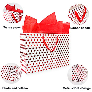 Moretoes 5 Pack Large Gift Bags With Tissue Paper 16" Foil Dot Paper Gift Bags for Valentine's Day, Birthday, Wedding, Holiday (Gold, Rose Gold, Blue, Red, Grey Metallic Dots)