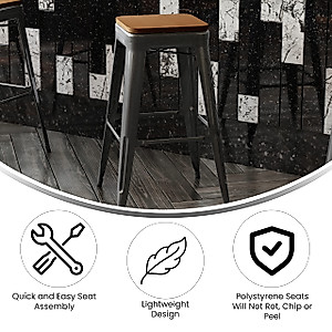 EMMA + OLIVER Kam 30" High Backless Bar Stool - Black Metal Frame - Teak Polyresin Seat - for Indoor/Outdoor Use