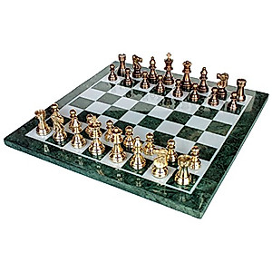StonKraft Collectible Green Marble Chess Board Set + Brass Crafted Pieces Pawns - Decorative Stone Chess - Home Décor - 20" Inches