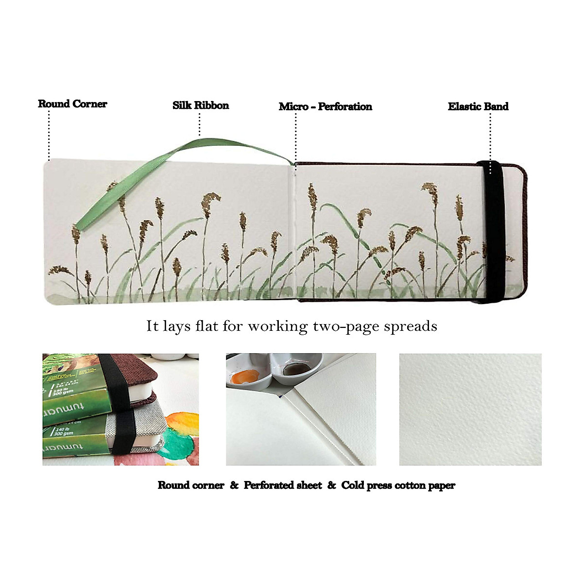 tumuarta Watercolor Journal, 8.25x5.5", 140 LB, 300 GSM, Cotton Paper, Cold Press, 24 Sheets, 48 Pages, Watercolor Paper Sketchbooks for Use As Travel Notebook and Mixed Media Pad