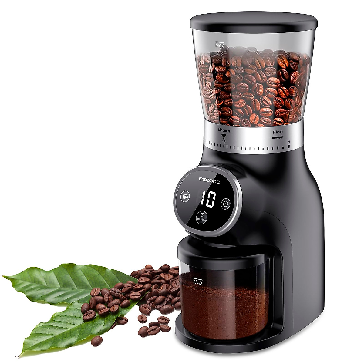 Electric Burr Coffee Grinder with Digital Control, BEEONE Espresso Grinder with 31 Precise Settings for 1-10 Cups, Coffee Grinder Electric with Time Display, Black