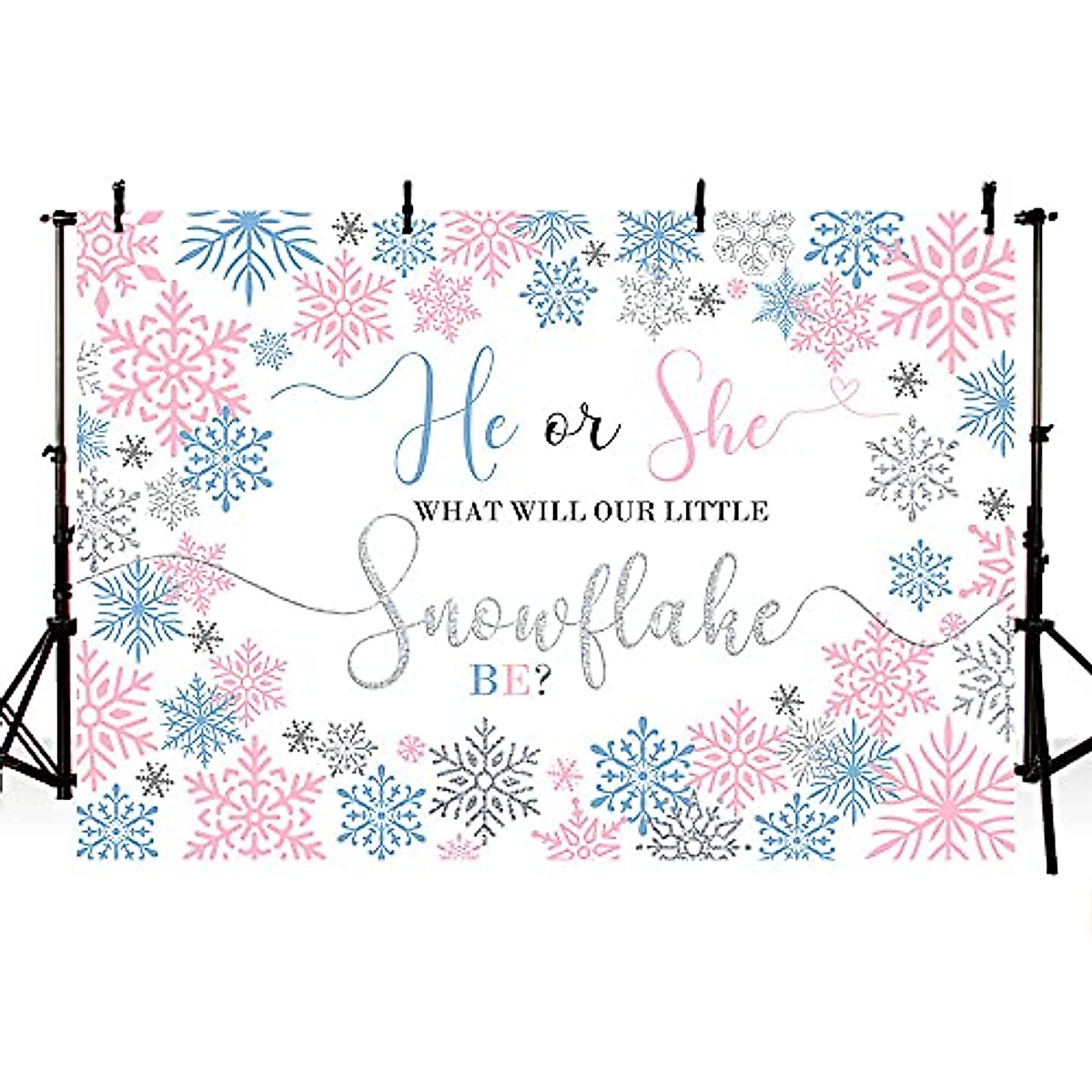 ABLIN 8x6ft Snowflake Gender Reveal Backdrop He or She What Will Our Little Snowflake Be Theme Party Banner Blue Pink Snowflakes Photography Background Decor Photo Booth Props