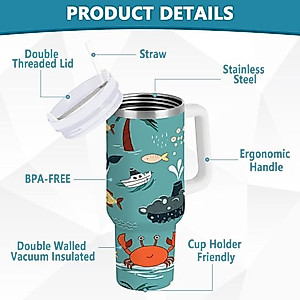 Burbuja Cute Marine Animals 40oz Insulated Tumblers with Handle and Straw Lid, Double Wall Stainless Steel Travel Mug Leak-Proof, BPA Free, Gift for Mom Dad