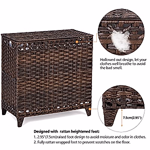 Laundry Hamper with 3 Removable Liner Bags; 132L Handwoven Rattan Laundry Basket with Lid & Heightened Feet; Clothes Hamper with Side Handles; Laundry Sorter with 3 Separate Sections (Brown)