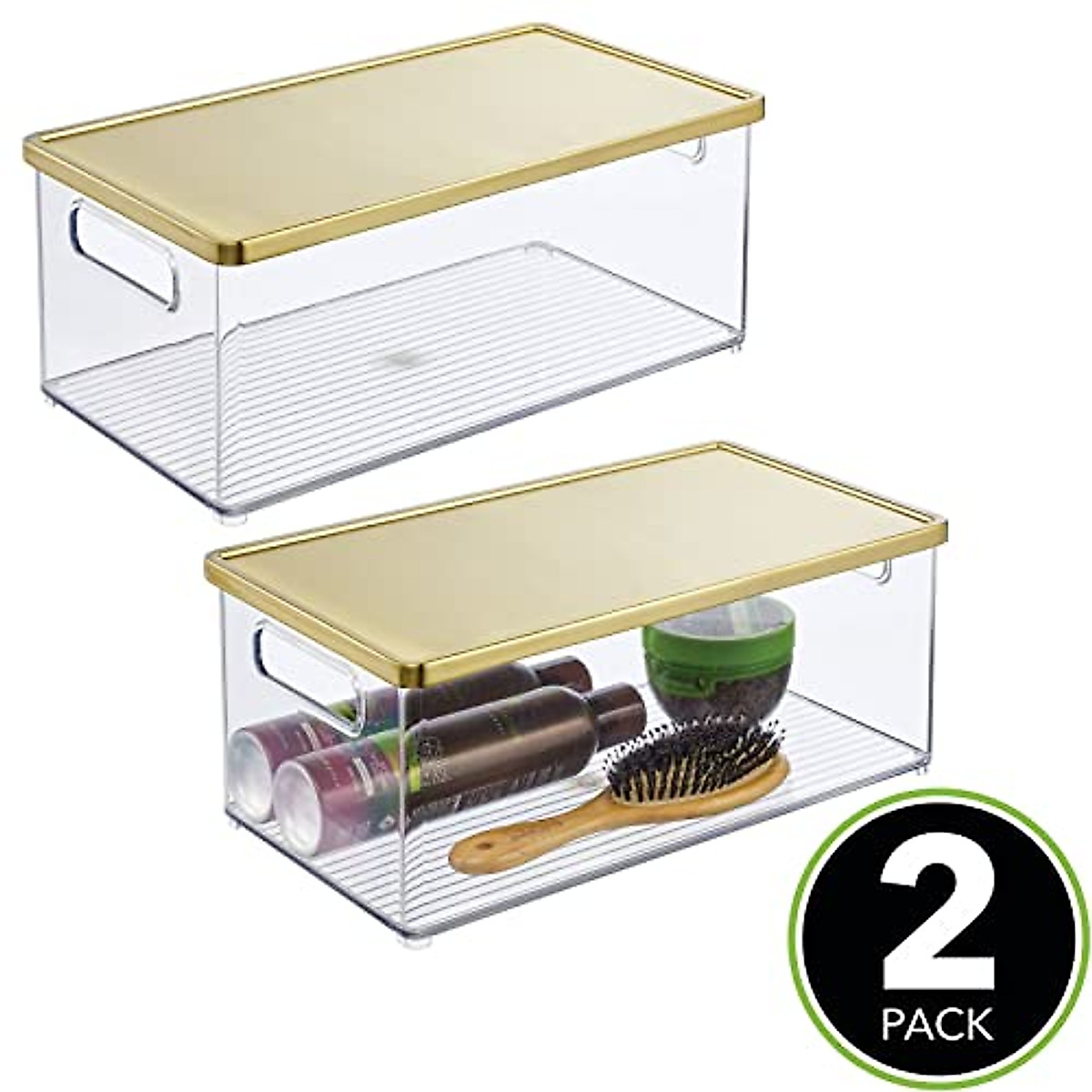 mDesign Plastic Bathroom Storage Organizer Bin - Stackable Box with Handles and Steel Lid - Perfect for Makeup and Medicine Organization - 15" Long - Ligne Collection, 2 Pack, Clear/Soft Brass