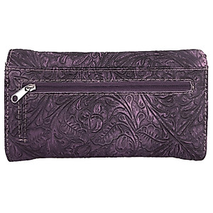 Justin West Clydesdale Tooled Leather Metal Stud Cross Conceal Carry Women Handbag Purse (Purple Wallet Only)