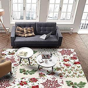 Indoor Area Rug - Welcome Mat Living Room Area Rugs Washable Non-Slip Floor Carpet for Bedroom Farmhouse Dorm (Farmhouse Christmas Snowflake Pine Needle Poinsettia, 2'x3')