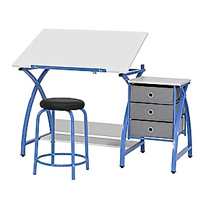 SD STUDIO DESIGNS 2 Piece Comet Center Plus, Craft Table and Matching Stool Set with Storage and Adjustable Top, 50"W x 23.75"D x 29.5"H, Blue/White