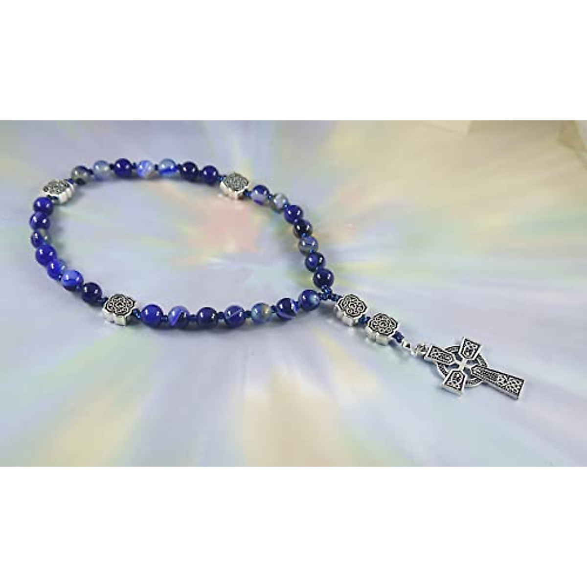 Kit Johnson Designs Anglican Rosary Beads, Blue Striped Agate Beads, Celtic Cross, Prayer Bag, Instruction Booklet