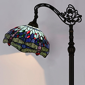 WERFACTORY Tiffany Floor Lamp Blue Stained Glass Dragonfly Arched Lamp 12X18X64 Inches Gooseneck Adjustable Corner Standing Reading Light Decor Bedroom Living Room S004 Series (B)