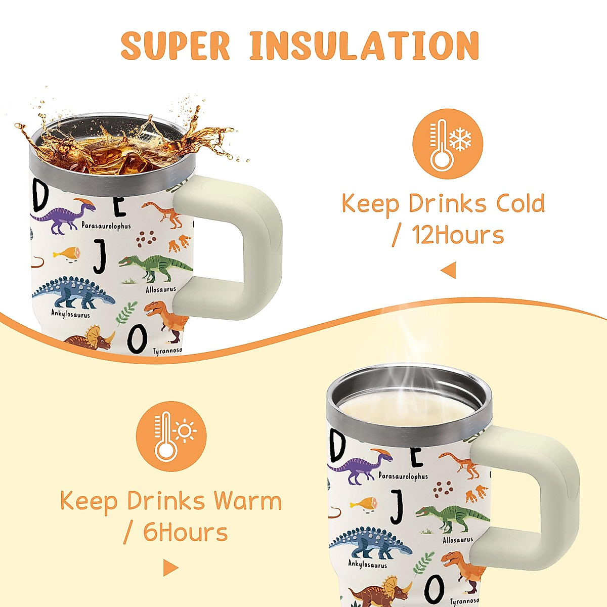 Dinosaur Gift for Kids, Alphabet Dinosaur Tumbler with Handle and Straw for Kids 14 Oz, Insulated Stainless Steel Dino Mugs for Toddlers Boy, Birthday Gifts for Little Boys Son Grandson