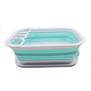 SAMMART 7.5L (2 Gallon) Collapsible Dish Drainer with Drainer Board - Foldable Drying Rack Set - Portable Dinnerware Organizer - Space Saving Kitchen Storage Tray (White/Lake Green, 1)