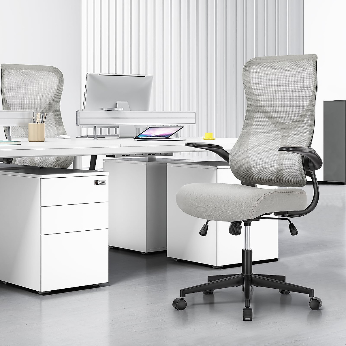 Sweetcrispy Ergonomic Office Desk Computer Chair, Comfy High Back Swivel Rolling Home Mesh Gaming Chairs with Wheels, Lumbar Support, Flip-up Arms,120°tilt for Bedroom, Study, Work, Grey