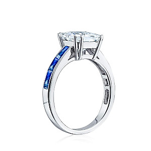 Personalized Classic Art Deco Style 3CT AAA CZ Square Princess Cut Engagement Ring For Women Cubic Zirconia Simulated Sapphire Blue Channel Set Baguette Band .925 Sterling Silver Customizable