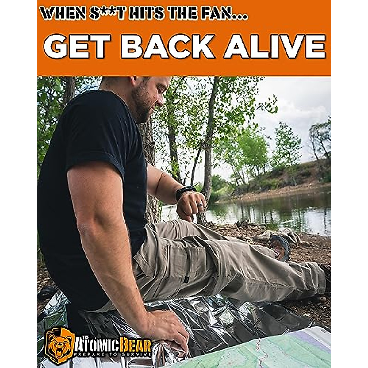 Atomic Bear Paracord Bracelet (2 Pack) - Adjustable - Fire Starter - Loud Whistle - Perfect for Hiking, Camping, Fishing and Hunting - Black & Black+Orange