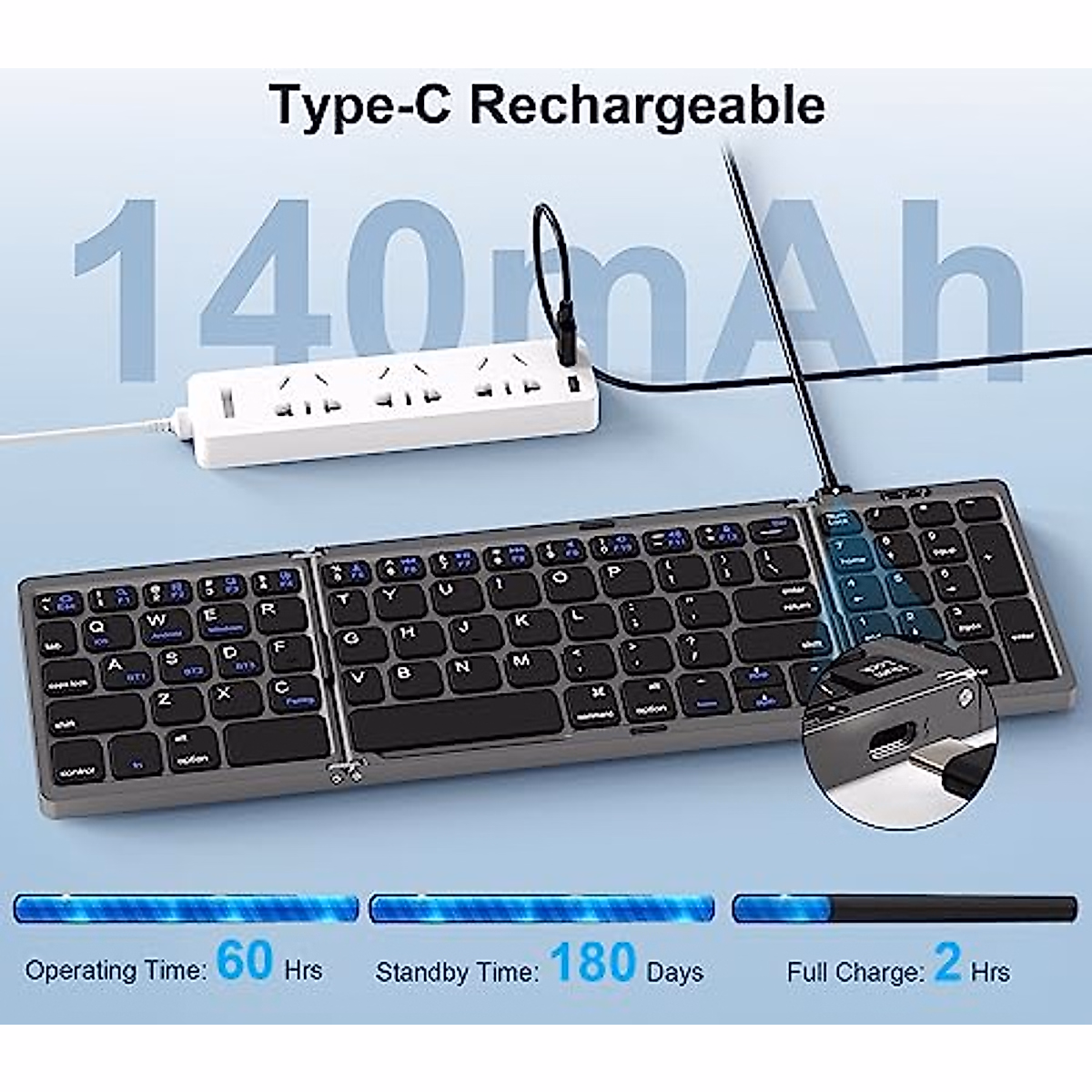 MoKo Foldable Bluetooth Keyboard, Multi-Device Folding Wireless Keyboard with Number Pad, Portable Keyboard for Laptop Tablet Phone, USB-C Rechargeable Travel Keyboard for Windows iOS Android, Gray
