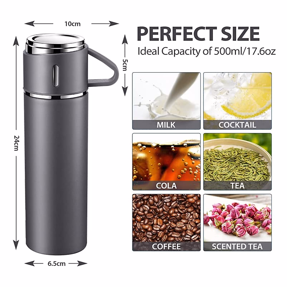 Stainless Steel Thermo + 3 cup, 500ml/16.9oz (Grey, Black, Blue) ADVANTAGE SET Gray 2.5 x 2.5 x 9.3 inch