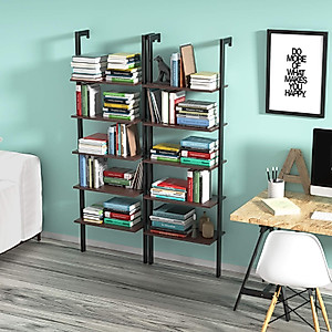 Tangkula Industrial Ladder Shelf Against The Wall, 5-Tier Ladder Bookshelf w/Metal Frame, 72 Inches Open Bookcase Plant Flower Stand Display Storage Rack for Home Office