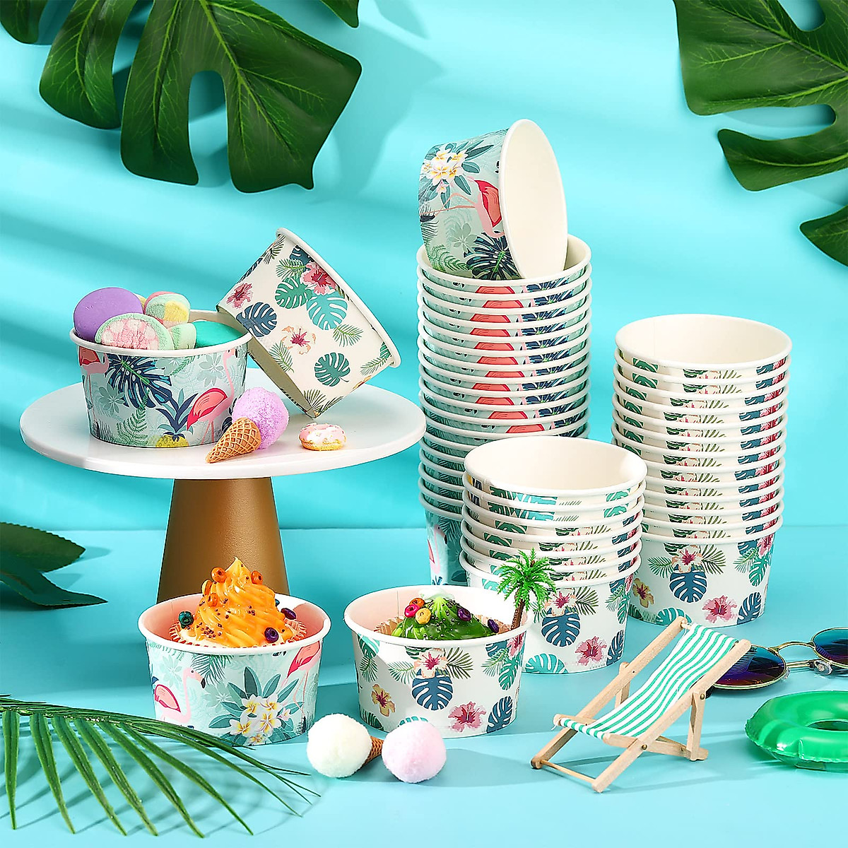 Hawaiian Summer Party Supplies Ice Cream Bowls Disposable Treat Snack Cups 8 oz Paper Yogurt Dessert Bowls for Sundae Soup Candy Hot or Cold Food Party Supplies(Floral Pattern,60 Count)