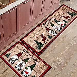 2 Piece Gnome Kitchen Rug Set Merry Christmas Indoor Floor Mats for Winter, Xmas Door Mat Runner Rug Carpet Mat for Kitchen Home Decor (15.7" x 23.6"+15.7" x 47.2") - Snowflake Tree Retro Wooden Board