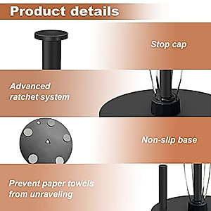 WACETOG Black Paper Towel Holder Countertop, Paper Towel Dispenser Standing Weighted Base Non Slip, Kitchen Towel Holder with Ratchet System for One Hand Tear