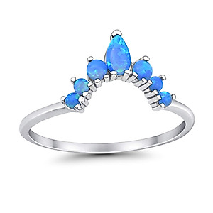 Lab Created Blue Opal Size-6 Curved Band Thumb Ring Pear Round 925 Sterling Silver