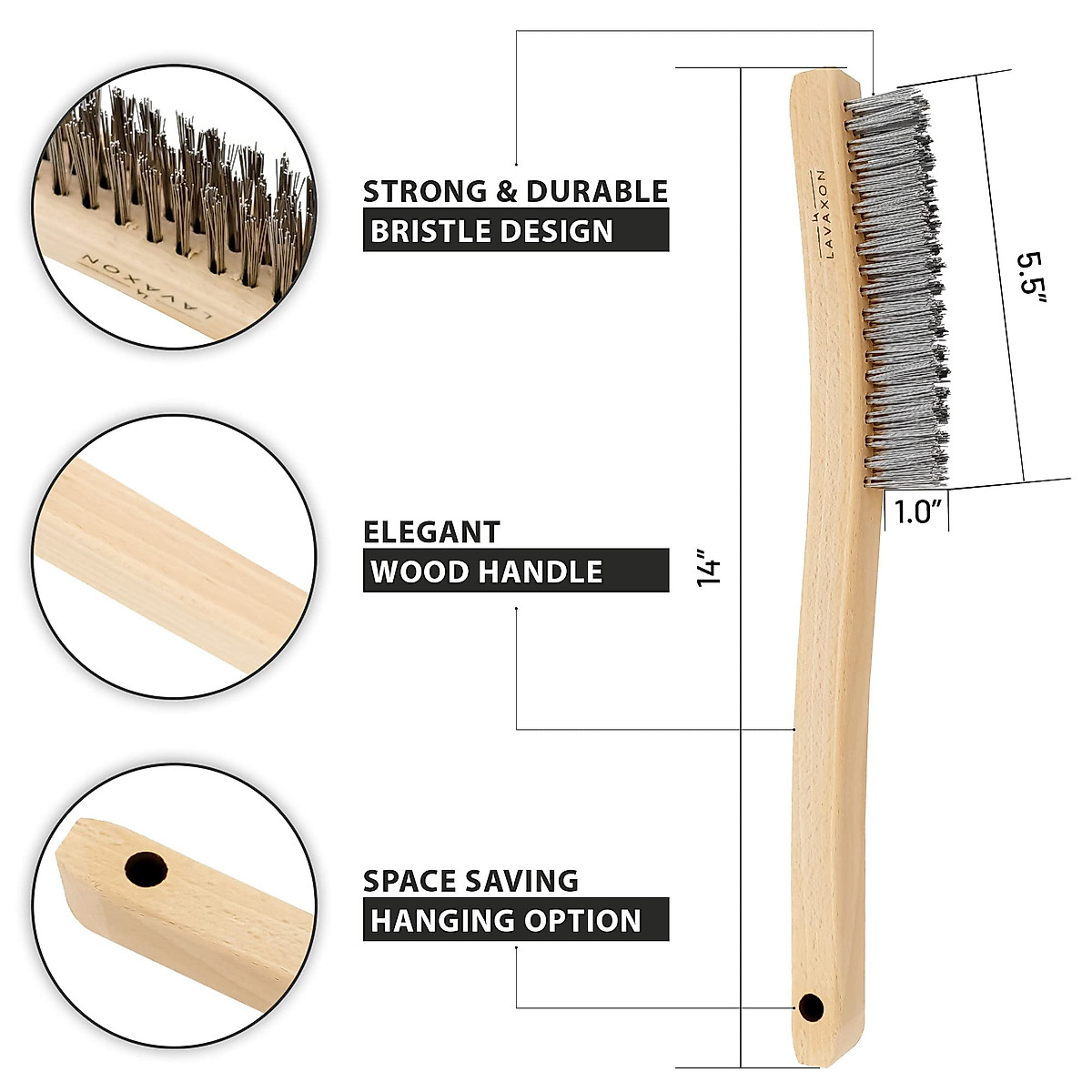 Lavaxon Wire Brush Set-Heavy Duty Stainless & Carbon Steel Bristles with Wood Handle Grip for Rust, Wielding Slag, Dirt & Paint Scrubbing with Deep Cleaning – 14 Inches (Pack of 2)